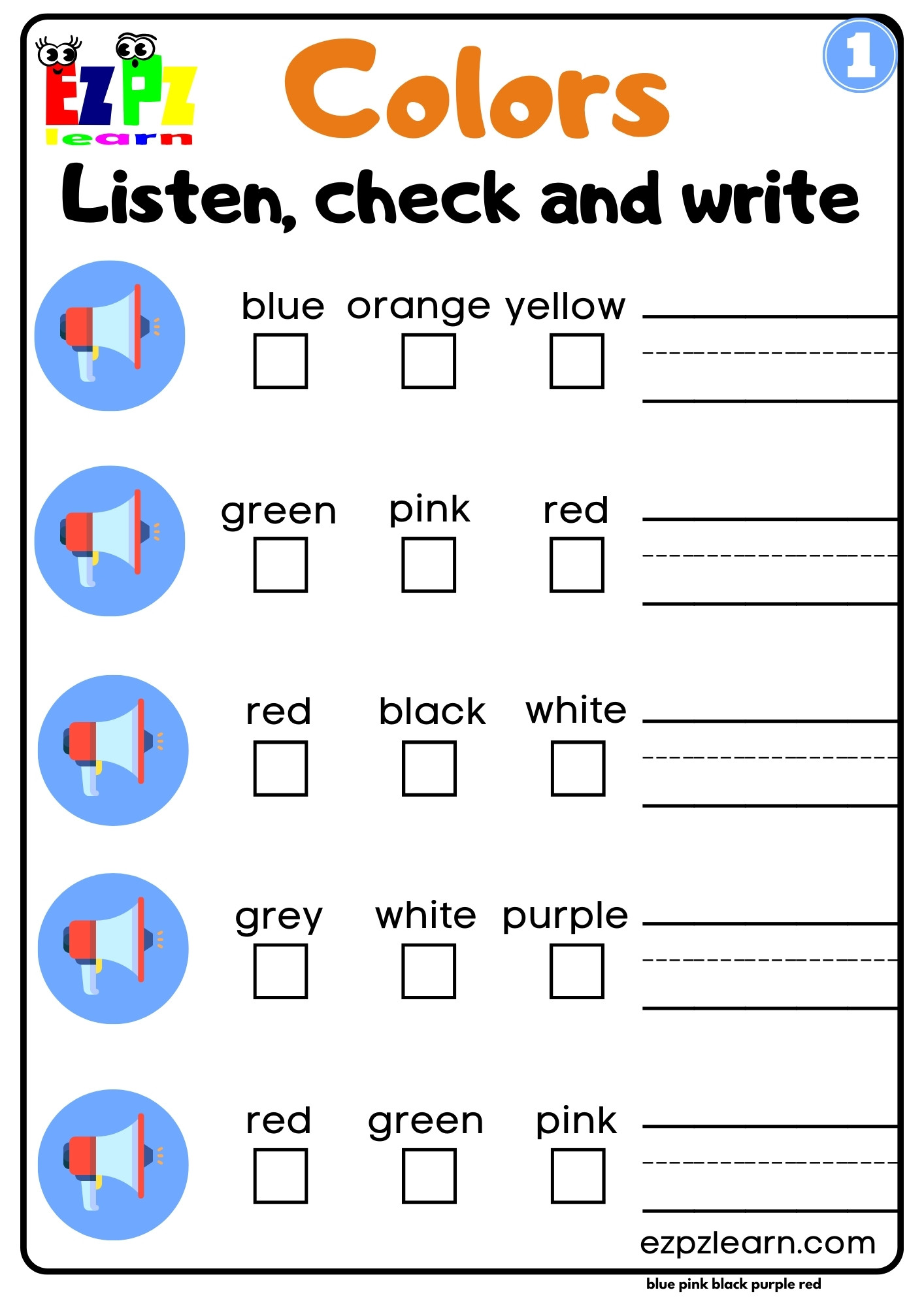 Interactive Colors Worksheet Listen, Check and Write Activity for Kids and ESL Students Group 1 ...